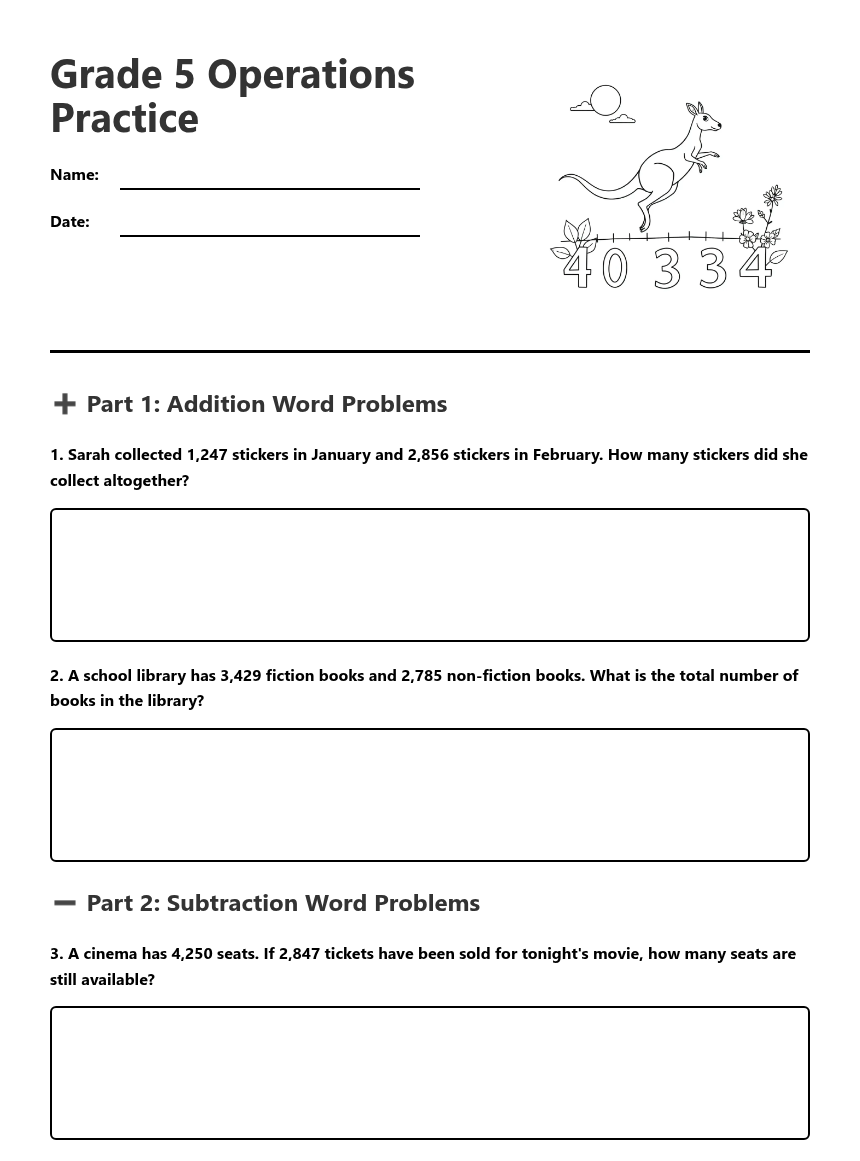 Grade 5 Operations Practice — Free Printable Worksheet for Mathematics ...