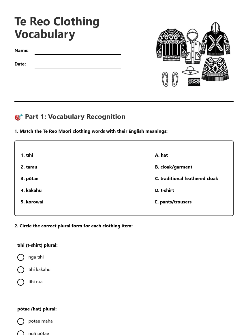 Te Reo Clothing Vocabulary — Free Printable Worksheet for Te Reo Māori ...
