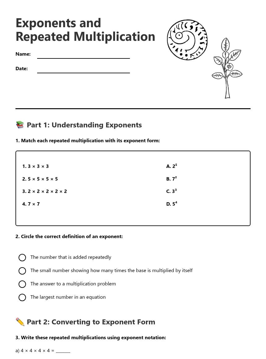 Exponents and Repeated Multiplication — Free Printable Worksheet | Kuraplan
