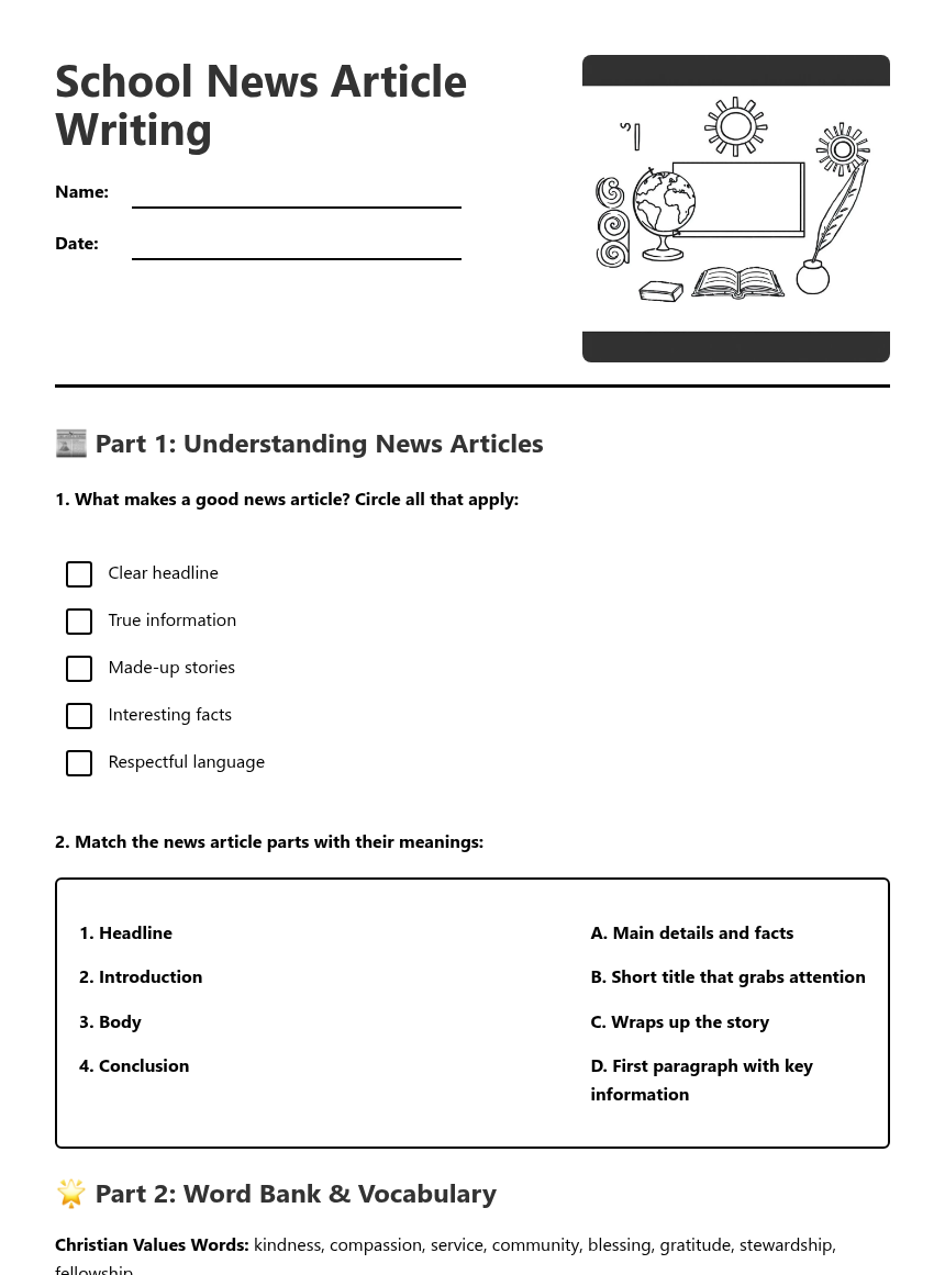 School News Article Writing — Free Printable Worksheet for English ...