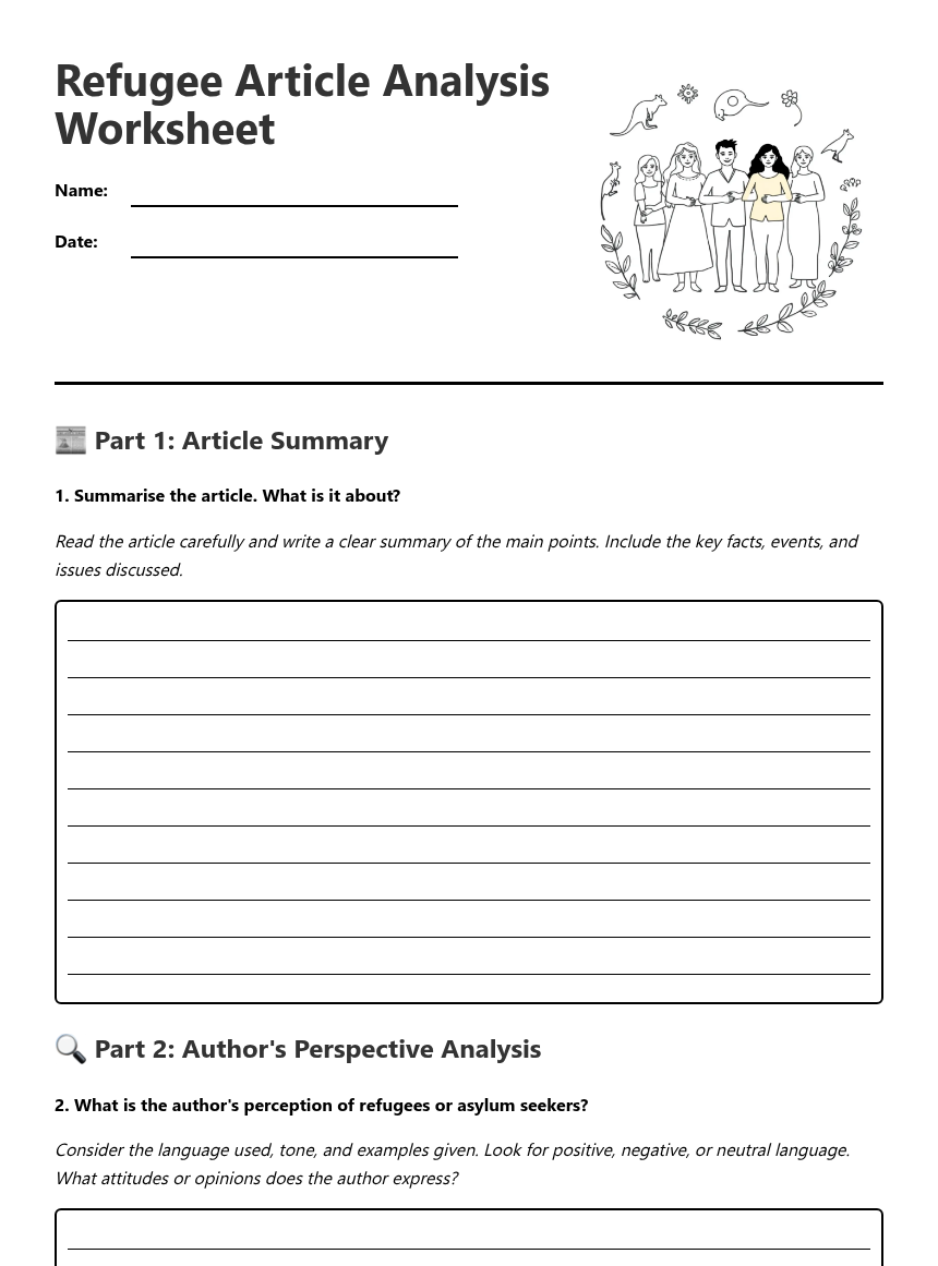 Refugee Article Analysis Worksheet — Free Printable Worksheet for ...