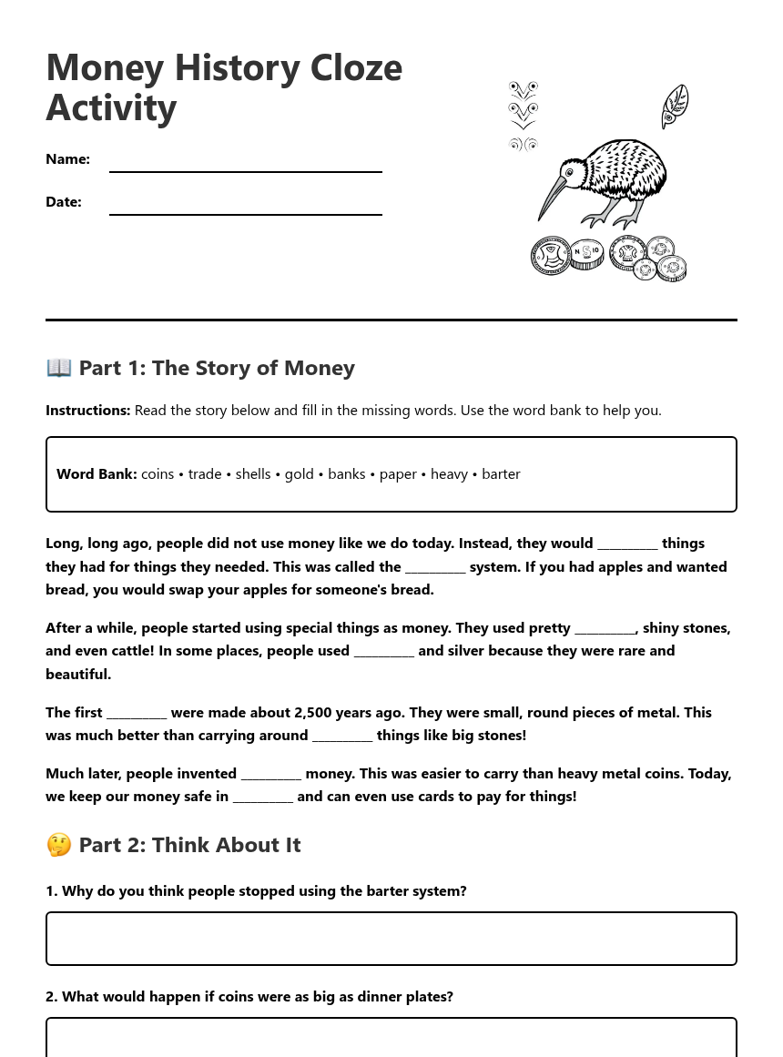 Money History Cloze Activity — Free Printable Worksheet for Social ...