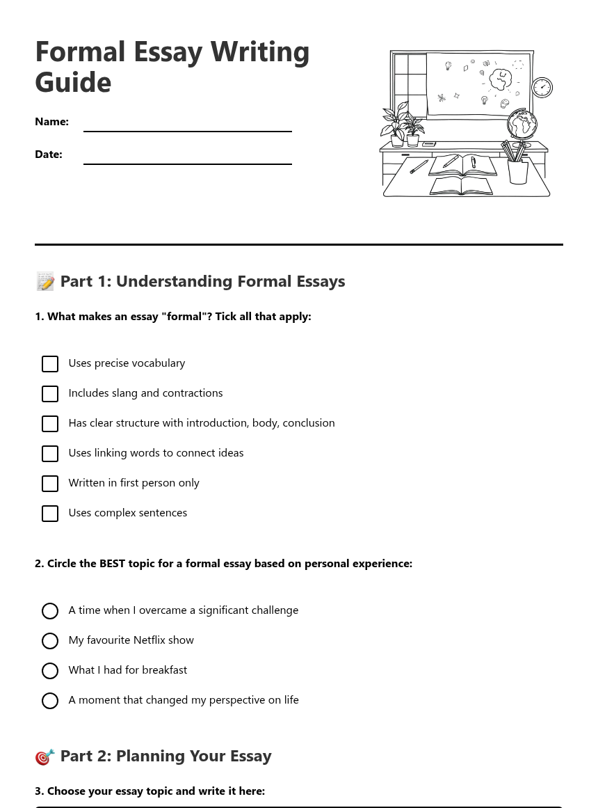 Formal Essay Writing Guide — Free Printable Worksheet for English ...