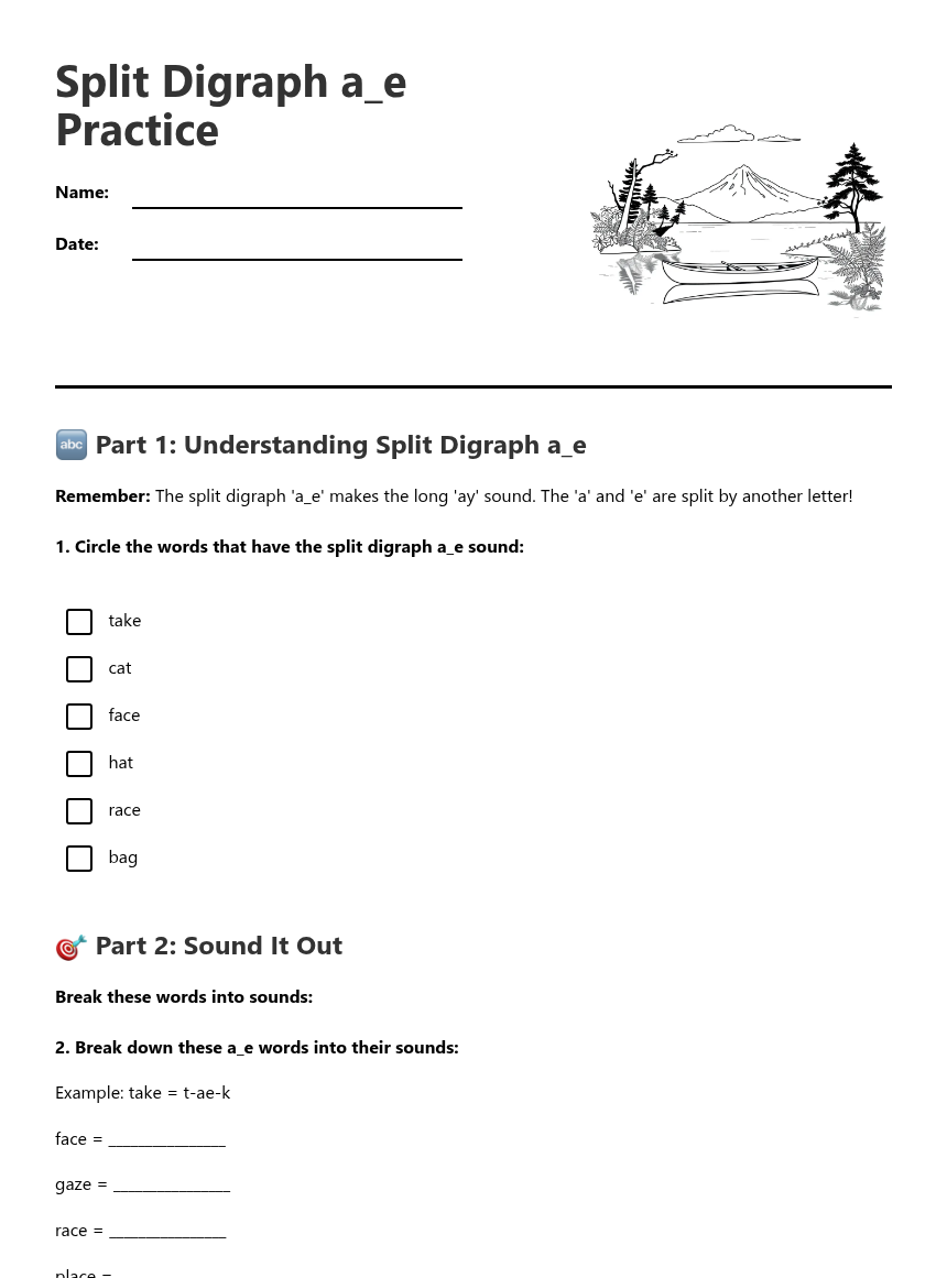 Split Digraph a_e Practice — Free Printable Worksheet | Kuraplan
