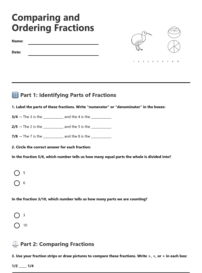 Comparing and Ordering Fractions — Free Printable Worksheet for Maths ...