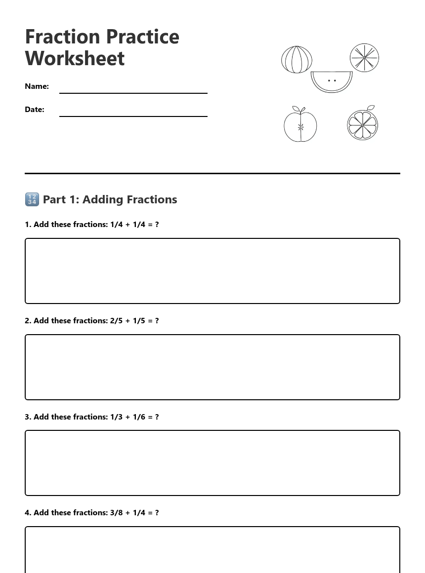 Fraction Practice Worksheet — Free Printable Worksheet for Mathematics ...