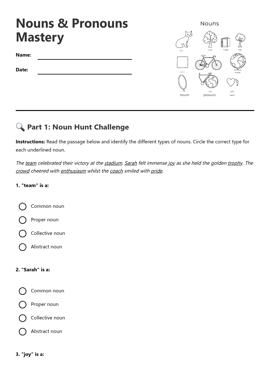 Nouns & Pronouns Mastery — Free Printable Worksheet for English | Kuraplan
