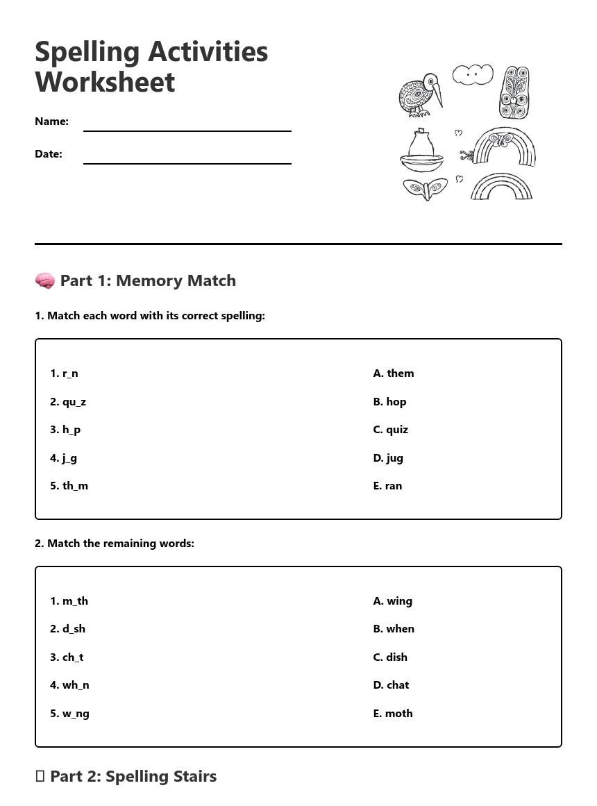 Spelling Activities Worksheet — Free Printable Worksheet | Kuraplan
