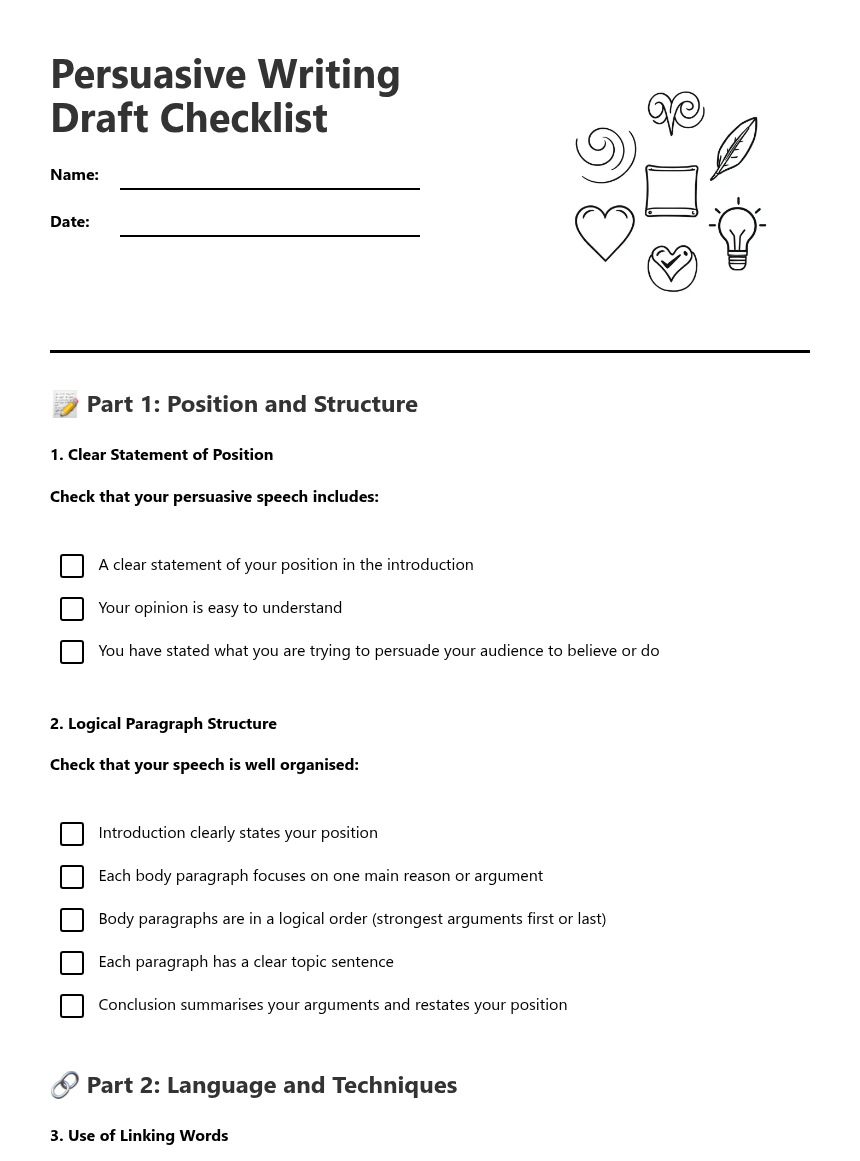 Persuasive Writing Draft Checklist — Free Printable Worksheet for ...