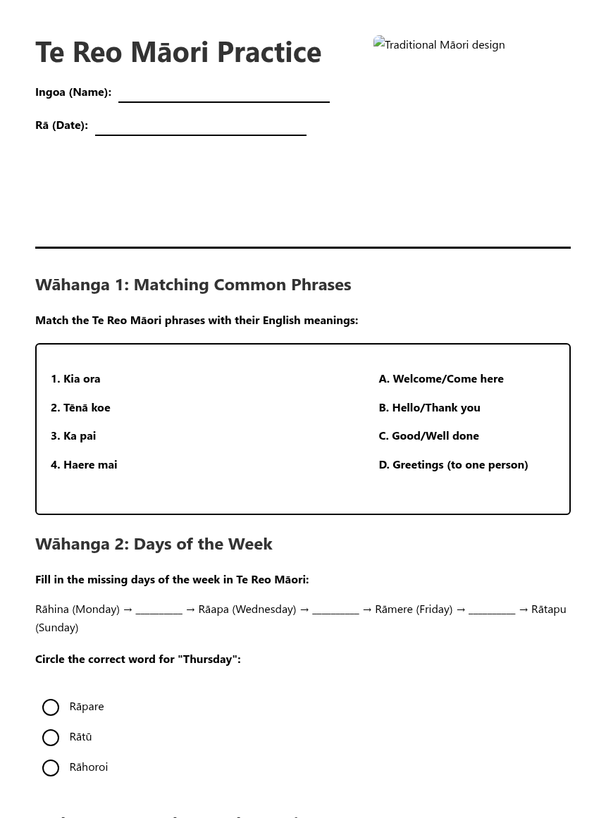 Te Reo Māori Practice — Free Printable Worksheet for Te Reo Māori ...