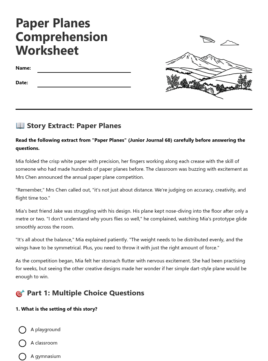 Paper Planes Comprehension Worksheet — Free Printable Worksheet for ...