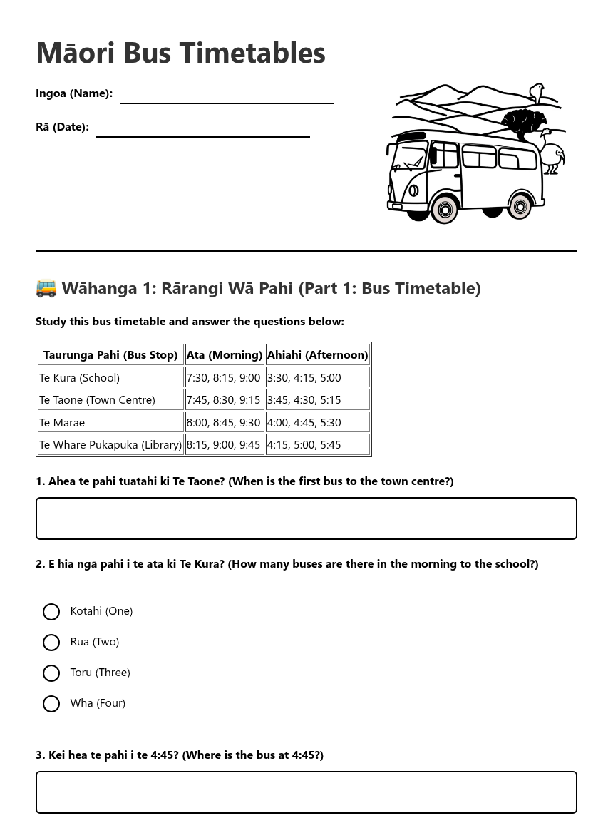 Māori Bus Timetables — Free Printable Worksheet for Maths | Kuraplan