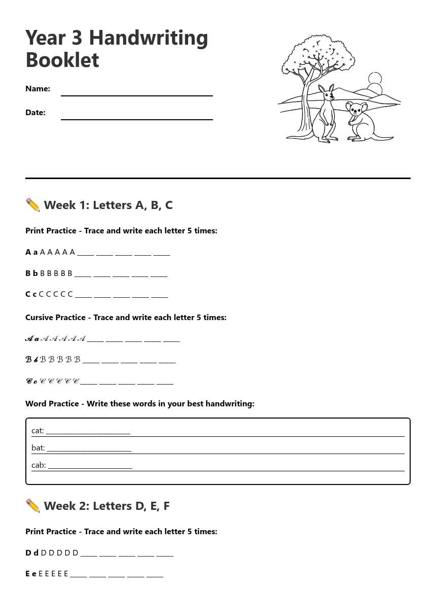 Year 3 Handwriting Booklet — Free Printable Worksheet | Kuraplan