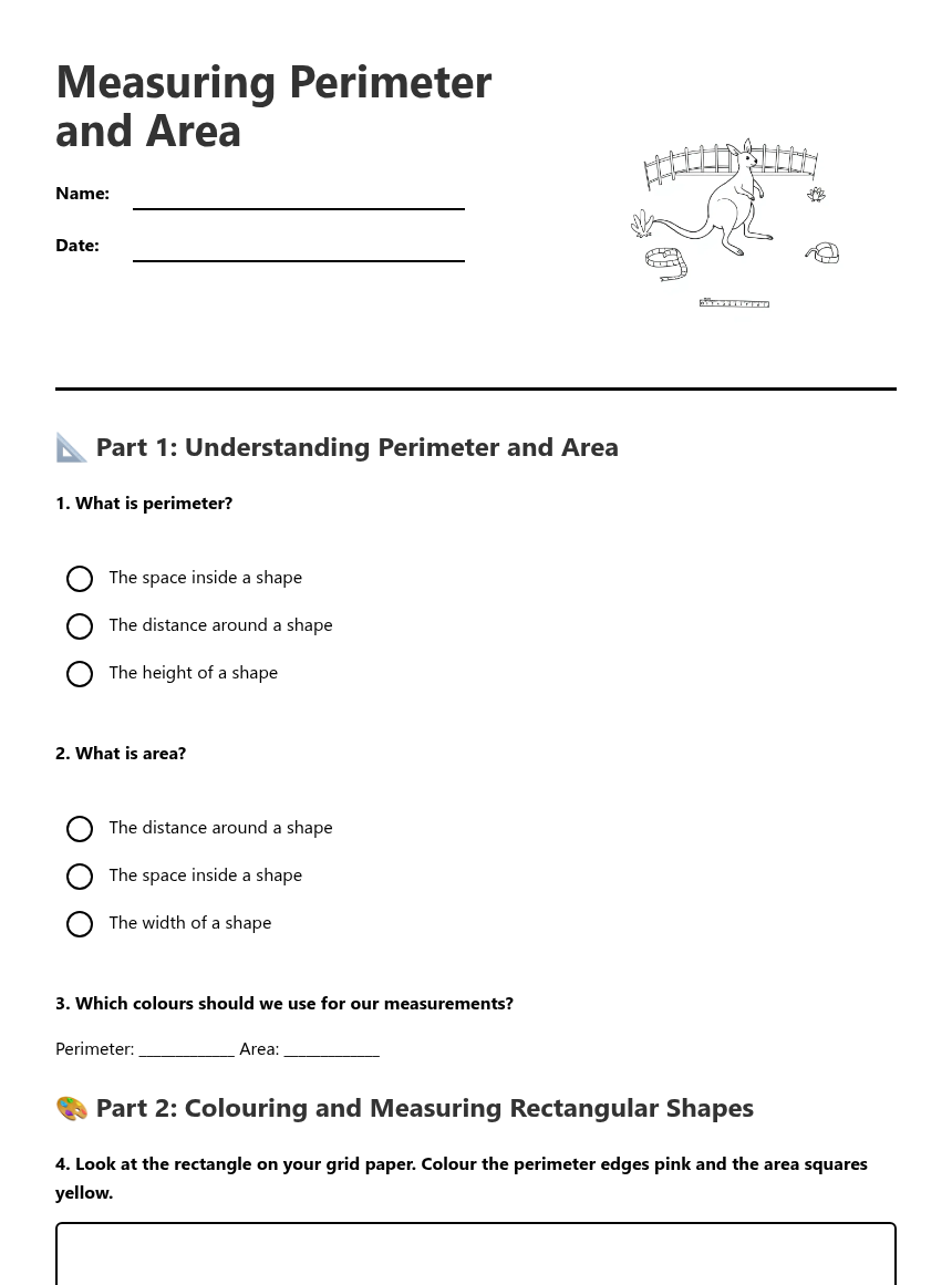 Measuring Perimeter and Area — Free Printable Worksheet for Maths ...