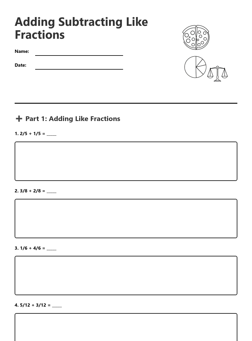 Adding Subtracting Like Fractions — Free Printable Worksheet for ...