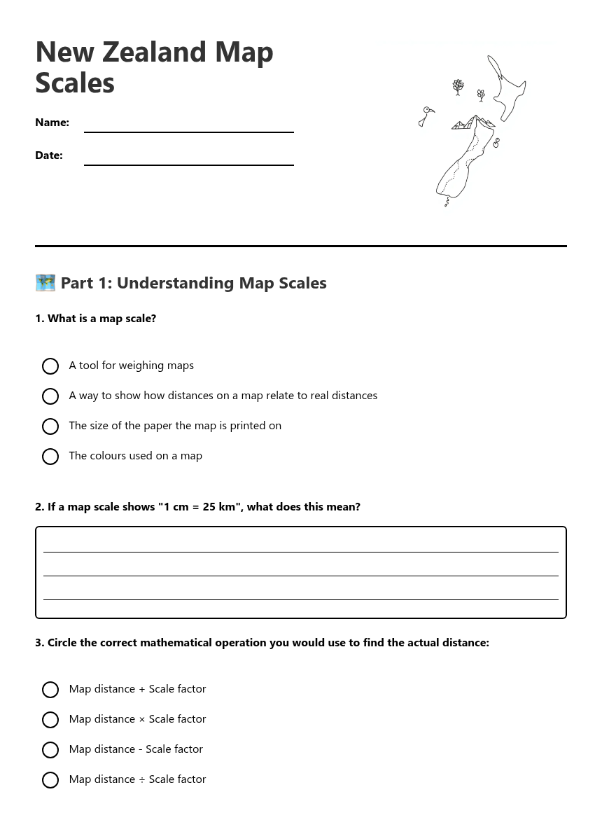 New Zealand Map Scales — Free Printable Worksheet for Maths | Kuraplan