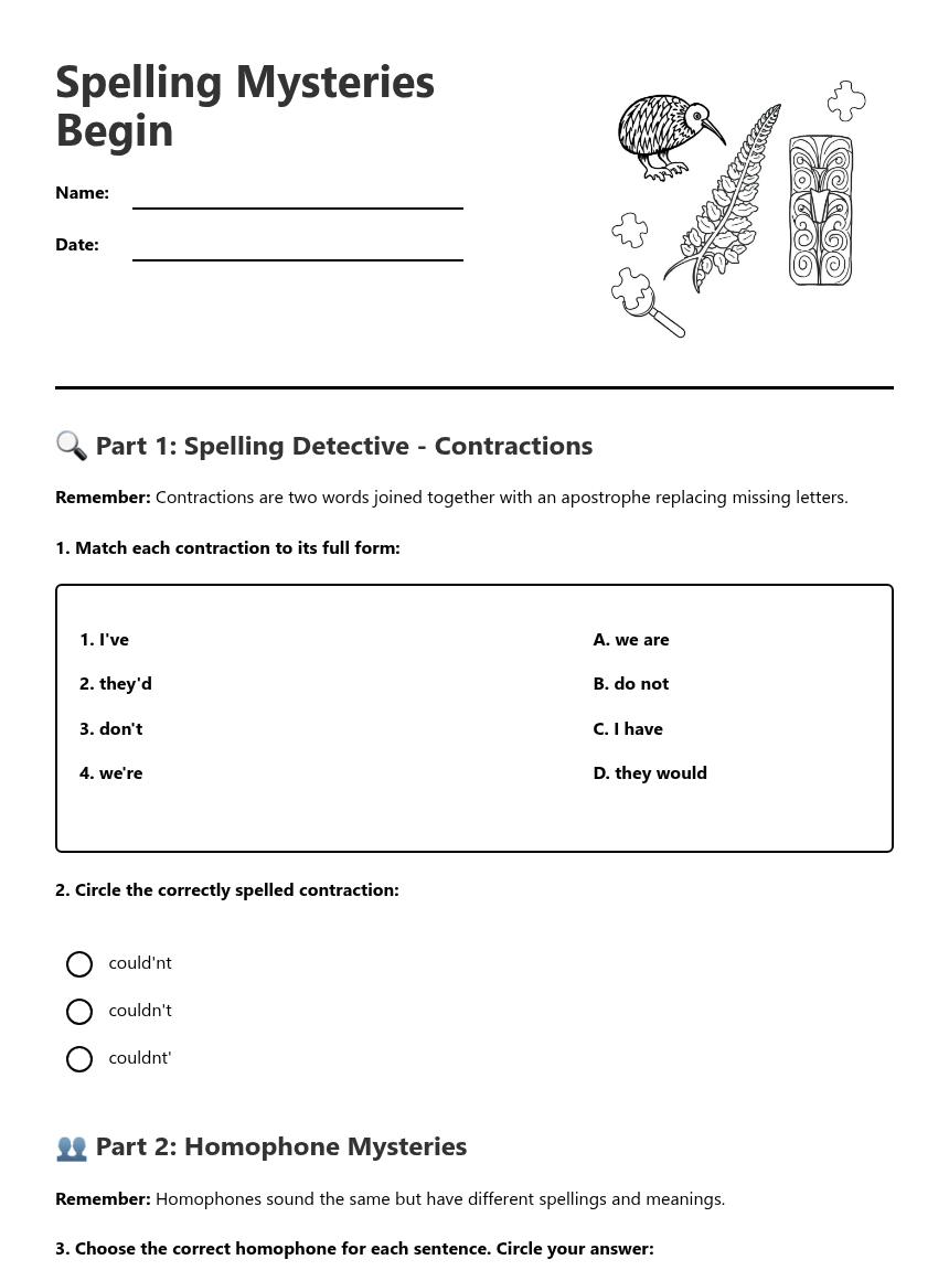 Spelling Mysteries Begin — Free Printable Worksheet for English | Kuraplan