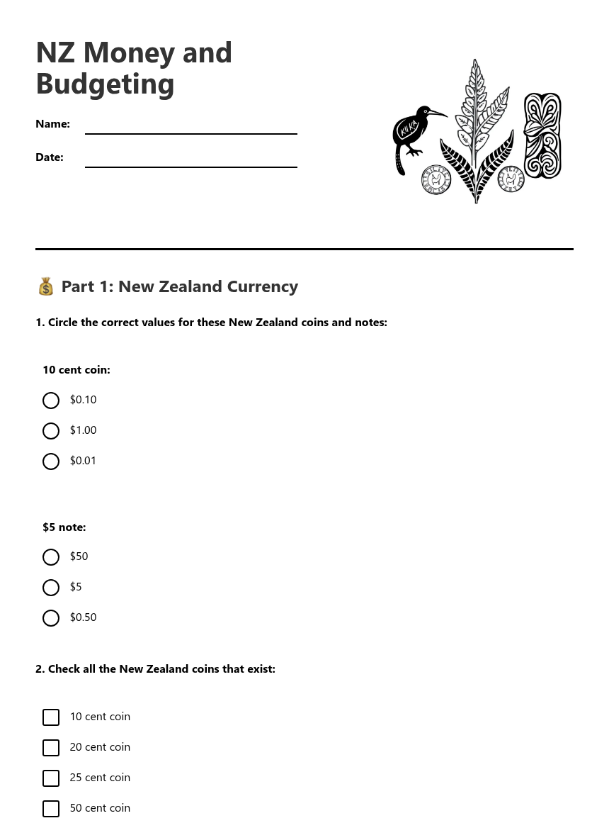 NZ Money and Budgeting — Free Printable Worksheet | Kuraplan