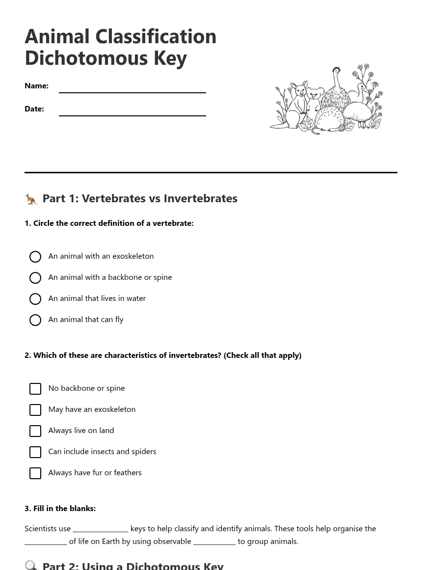 Animal Classification Dichotomous Key — Free Printable Worksheet for ...