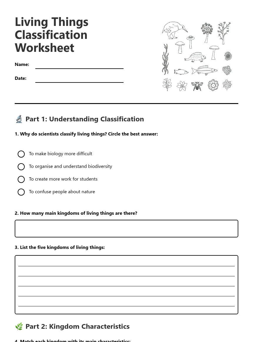 Living Things Classification Worksheet — Free Printable Worksheet for ...