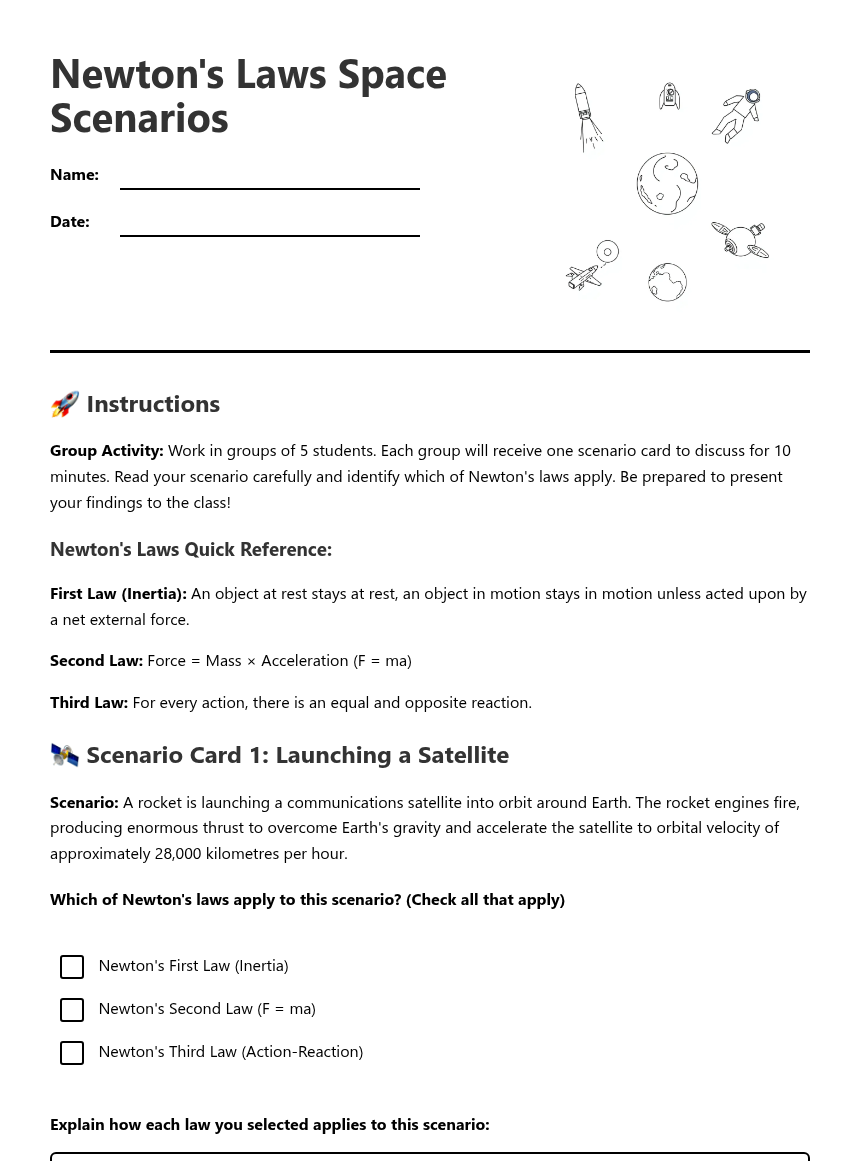 Newton's Laws Space Scenarios — Free Printable Worksheet for Science ...