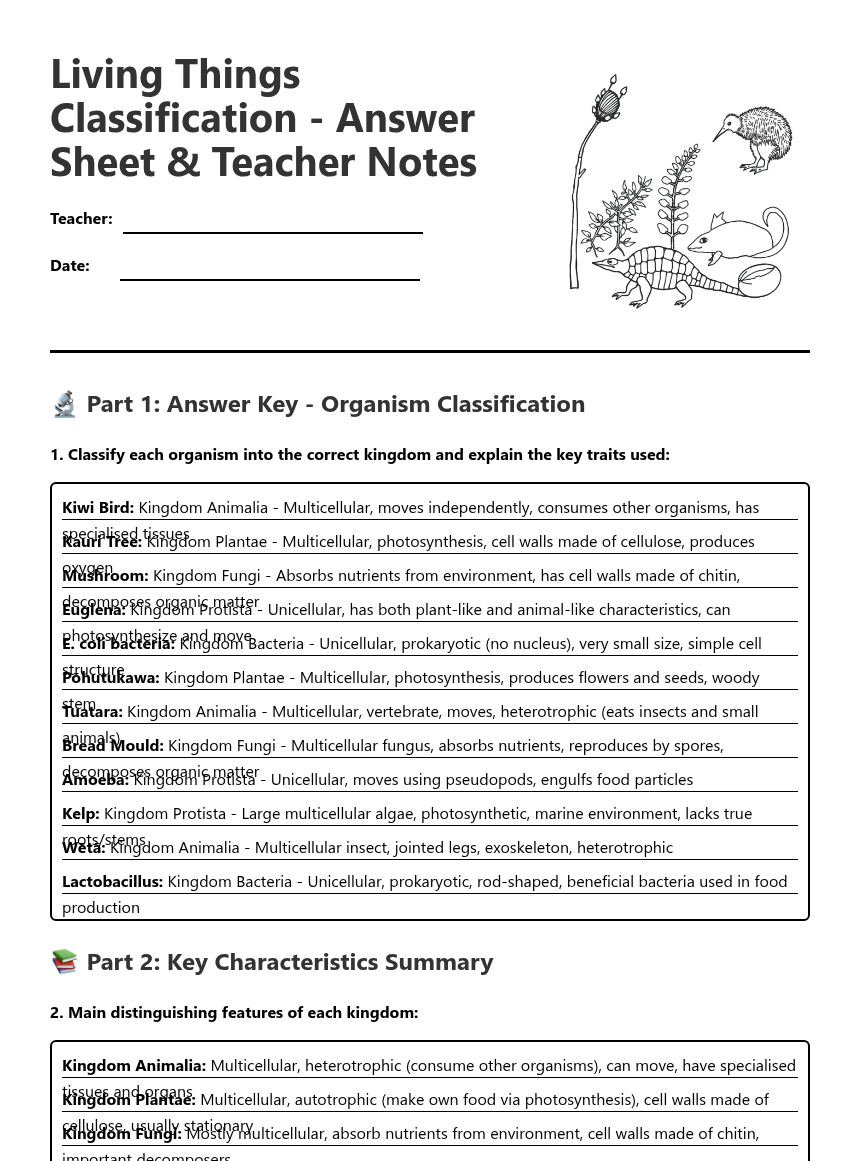 Living Things Classification — Free Printable Worksheet for Science ...