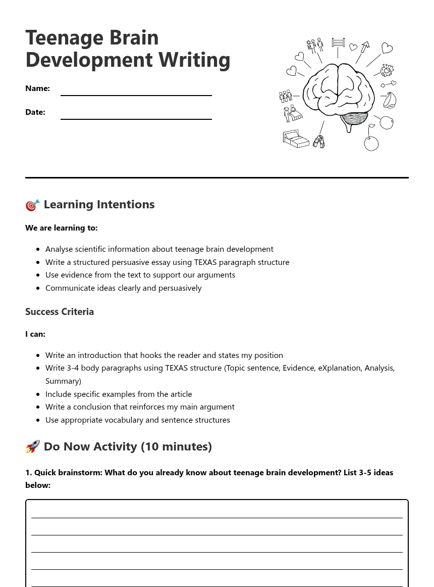 Teenage Brain Development Writing — Free Printable Worksheet | Kuraplan