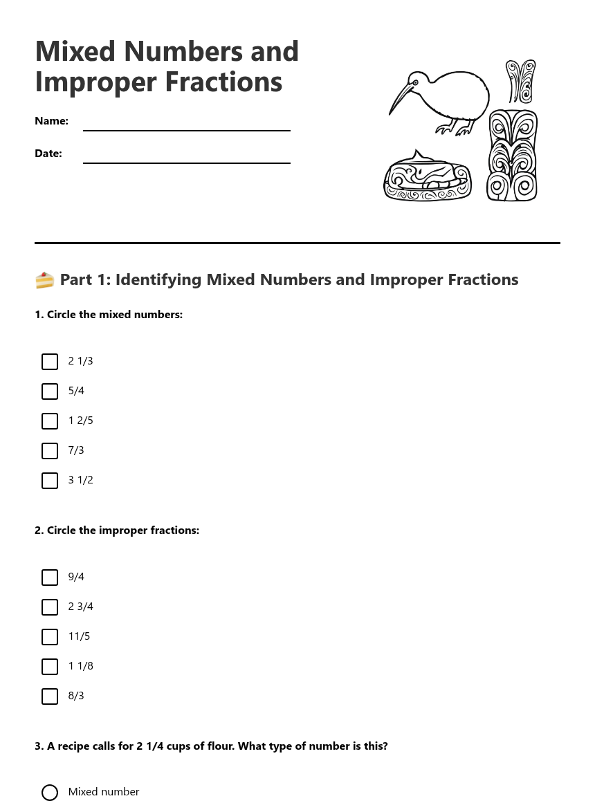 Mixed Numbers and Improper Fractions — Free Printable Worksheet for ...