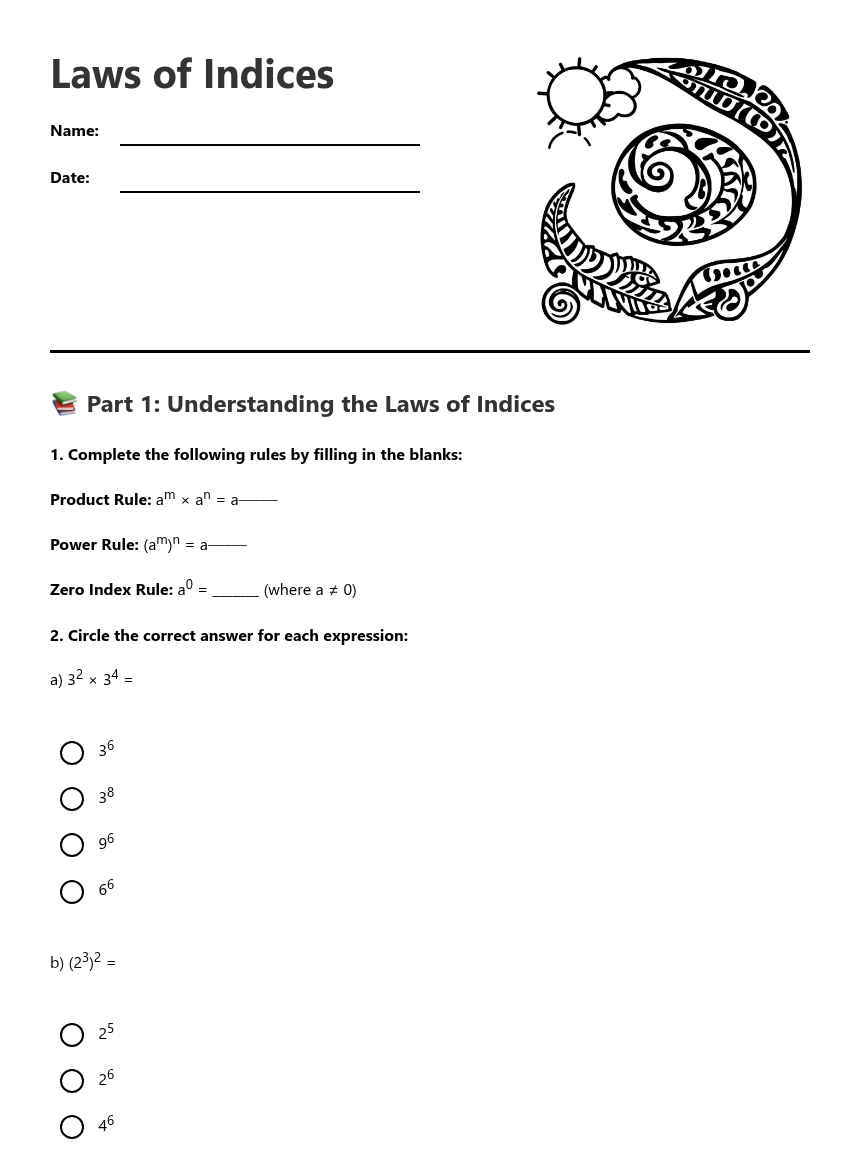 Laws of Indices — Free Printable Worksheet for Maths | Kuraplan