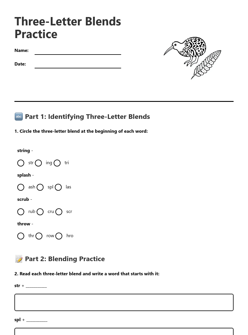 Three-Letter Blends Practice — Free Printable Worksheet for English ...