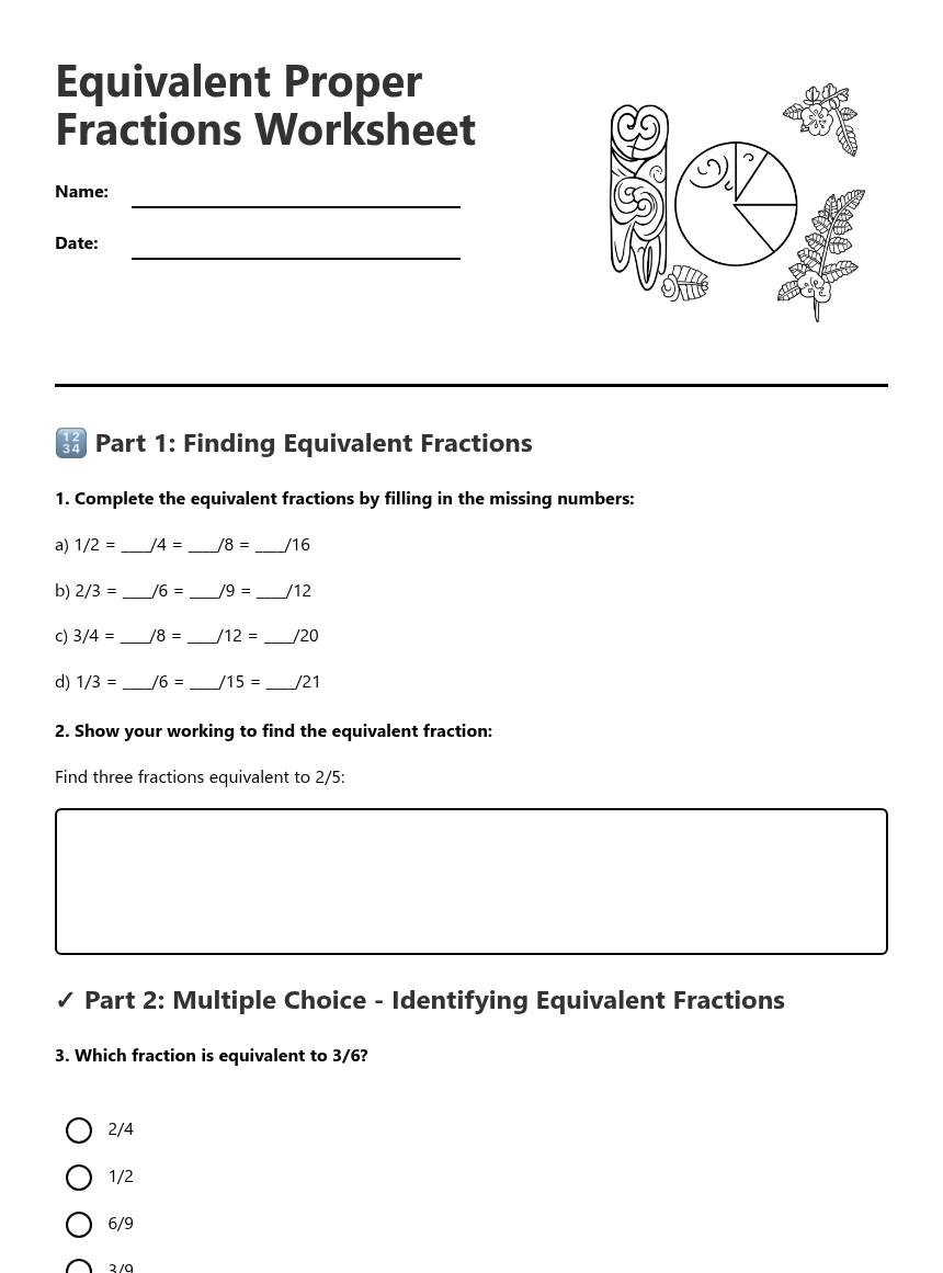 Equivalent Proper Fractions Worksheet — Free Printable Worksheet | Kuraplan