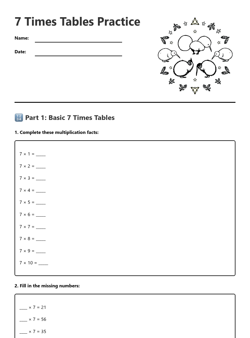 7 Times Tables Practice — Free Printable Worksheet for Maths | Kuraplan