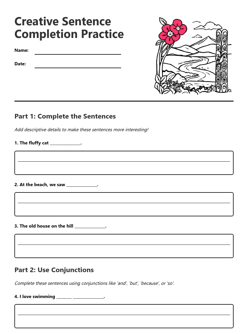 Creative Sentence Completion Practice — Free Printable Worksheet for ...