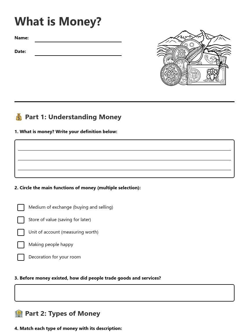 What is Money? — Free Printable Worksheet | Kuraplan