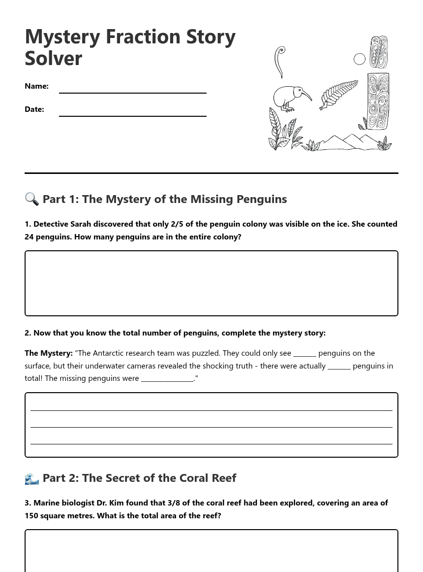 Mystery Fraction Story Solver — Free Printable Worksheet | Kuraplan