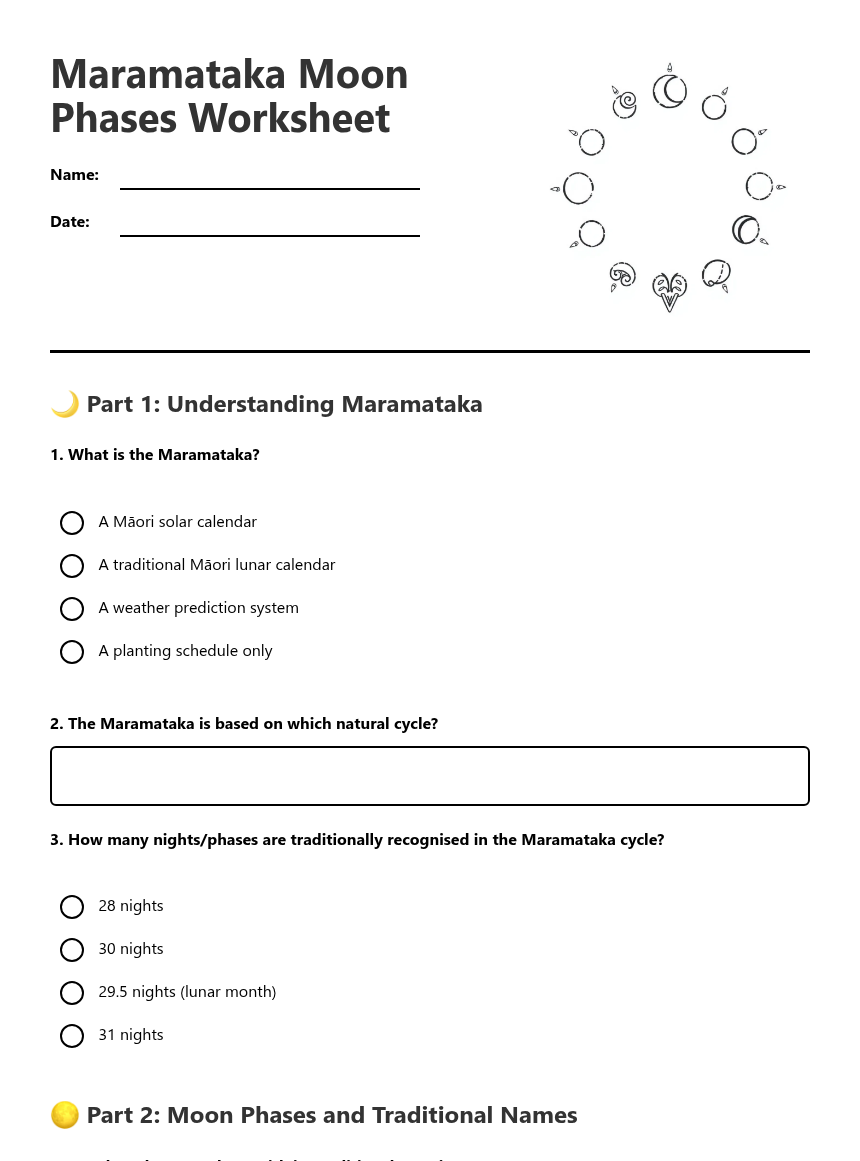Maramataka Moon Phases Worksheet — Free Printable Worksheet | Kuraplan