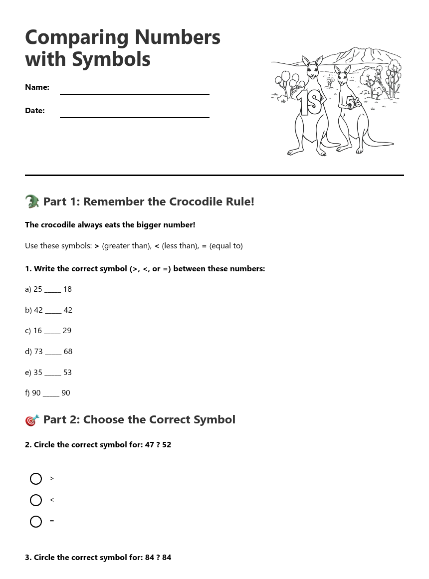 Comparing Numbers with Symbols — Free Printable Worksheet for Maths ...