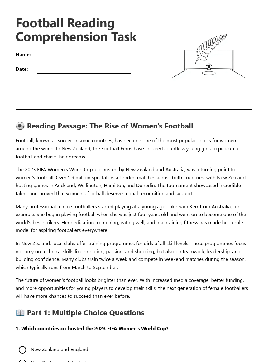Football Reading Comprehension Task — Free Printable Worksheet for ...