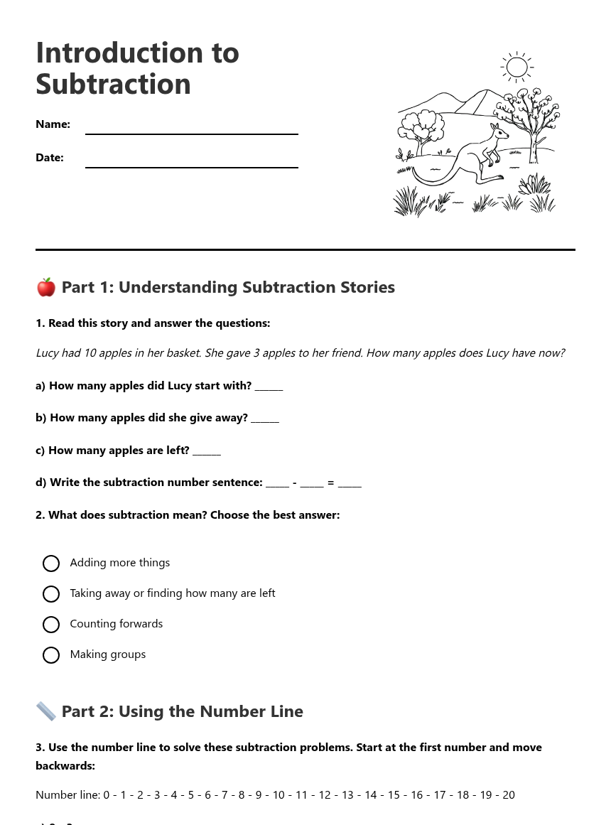 Introduction to Subtraction — Free Printable Worksheet | Kuraplan