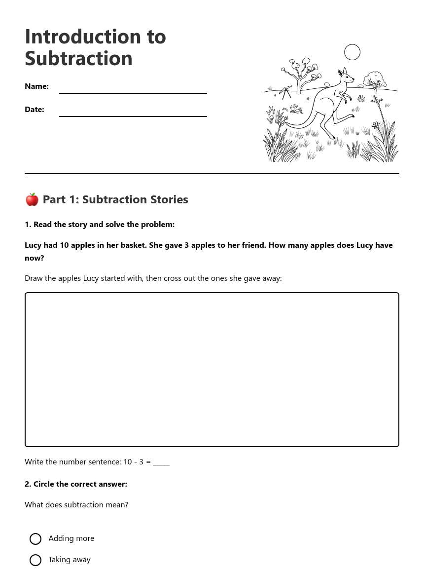 Introduction to Subtraction — Free Printable Worksheet | Kuraplan