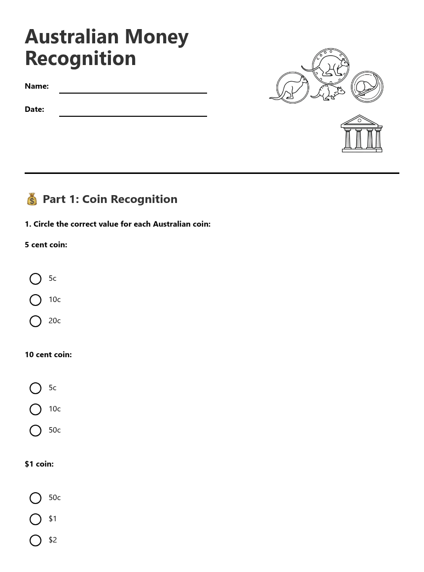 Australian Money Recognition — Free Printable Worksheet | Kuraplan