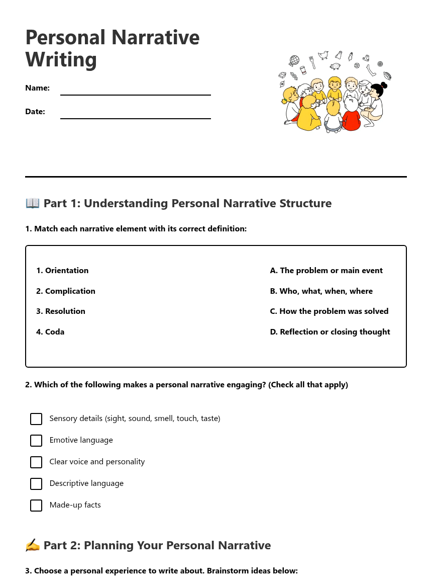 Personal Narrative Writing — Free Printable Worksheet | Kuraplan