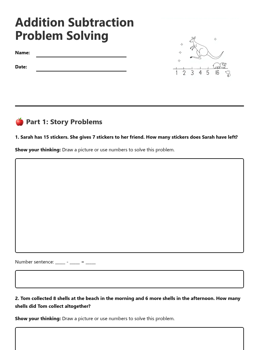 Addition Subtraction Problem Solving — Free Printable Worksheet | Kuraplan
