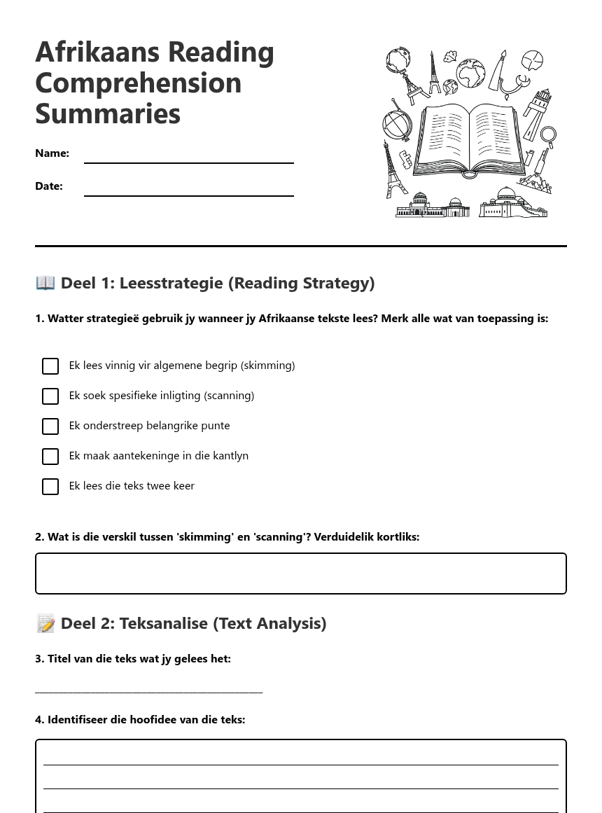 Afrikaans Reading Comprehension Summaries — Free Printable Worksheet ...