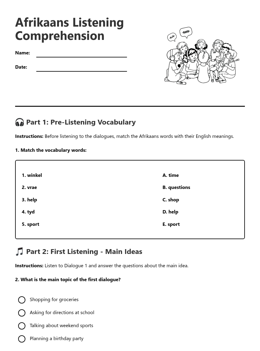 Afrikaans Listening Comprehension — Free Printable Worksheet for ...