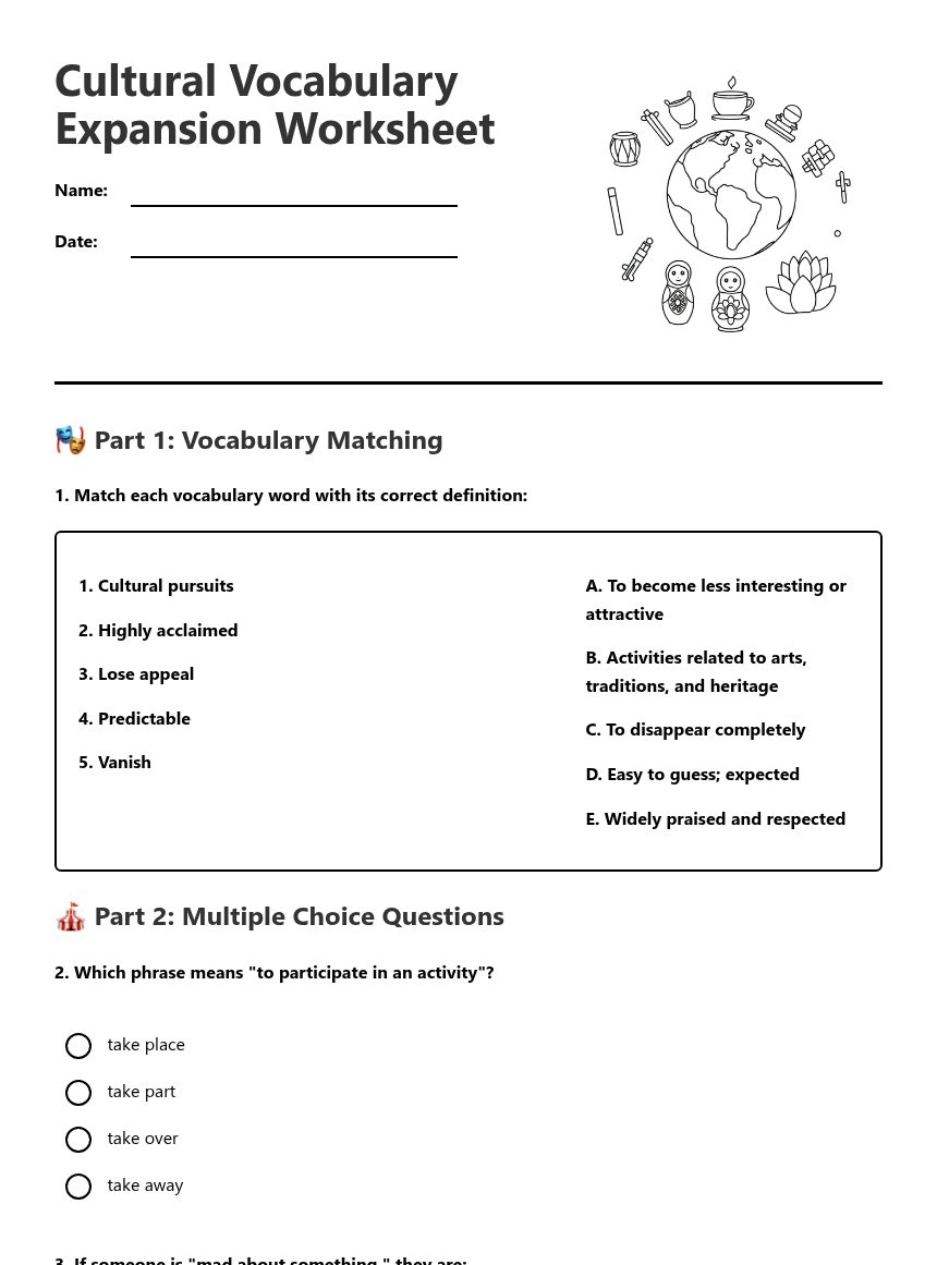 Cultural Vocabulary Expansion Worksheet — Free Printable Worksheet for ...