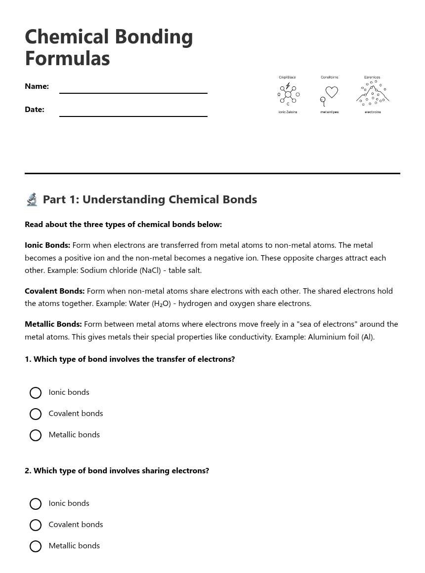 Types Of Chemical Bond Worksheet
