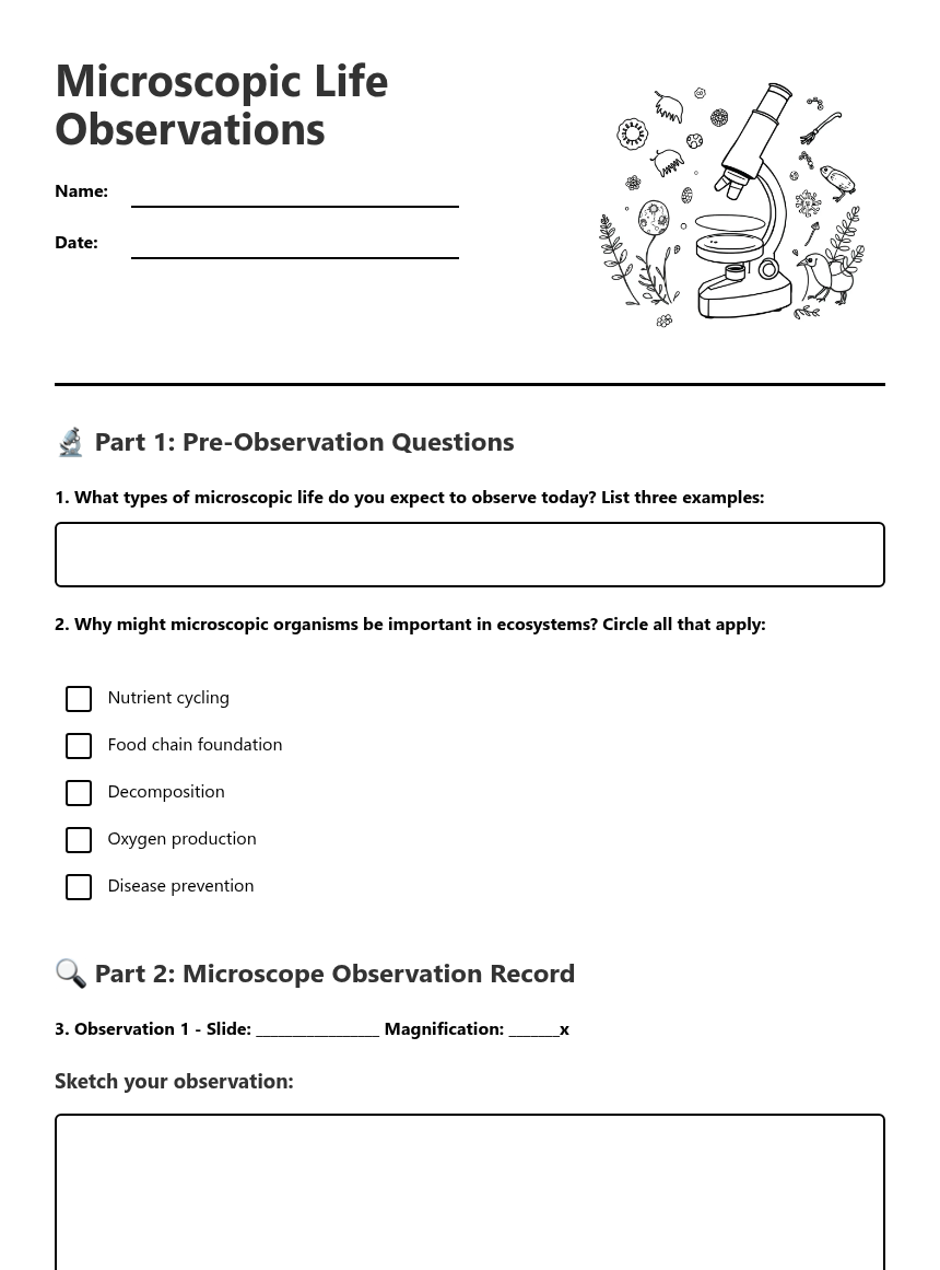 Microscopic Life Observations — Free Printable Worksheet for Science ...