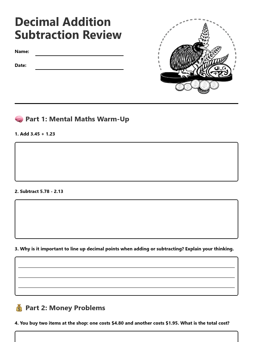 Decimal Addition Subtraction Review — Free Printable Worksheet for ...