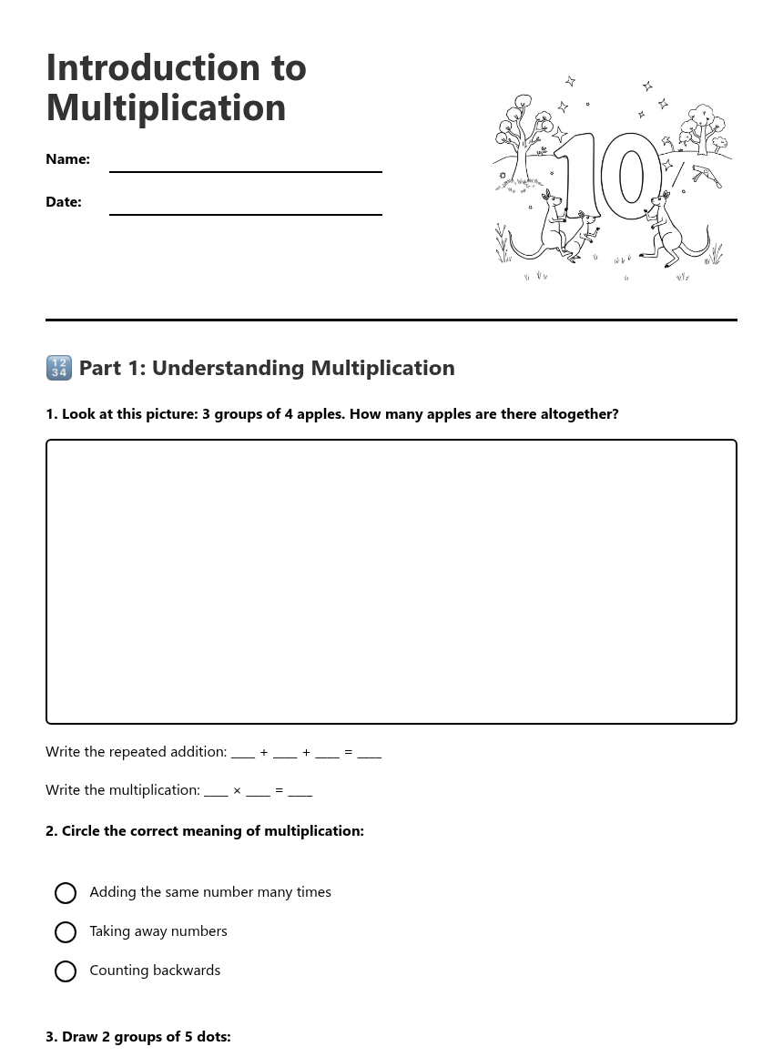Introduction to Multiplication — Free Printable Worksheet | Kuraplan